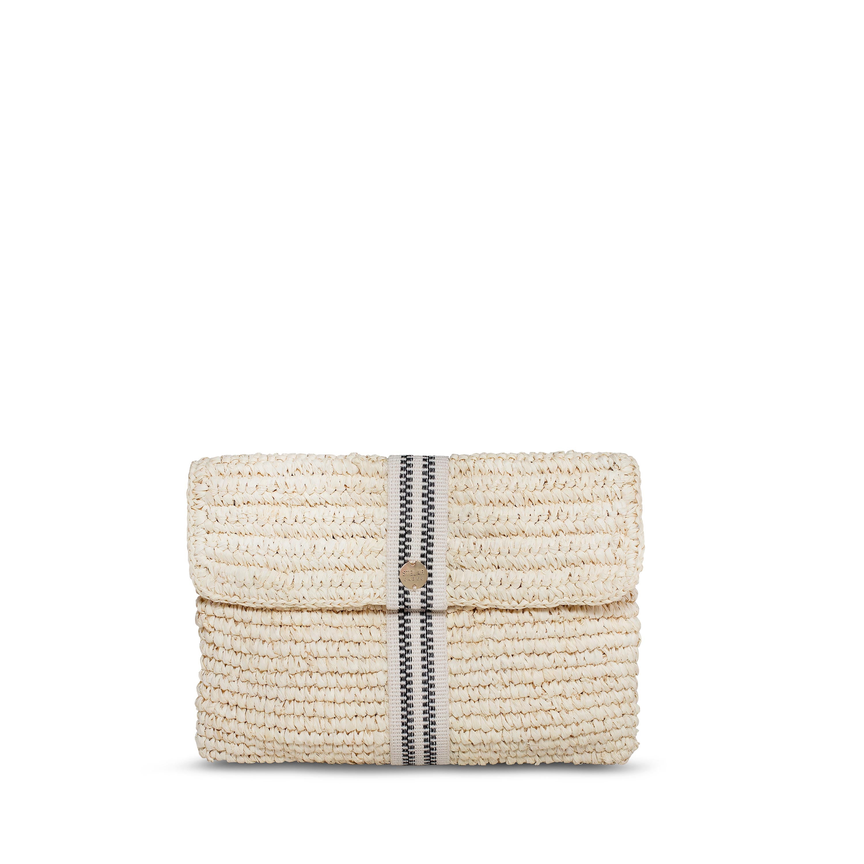 Savaya Raffia Clutch Bag in Black and Cream | STELAR