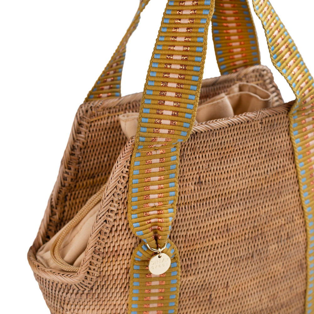Small Poso Shopper Tote Bag in Natural with Copper Stripe Jacquard | STELAR